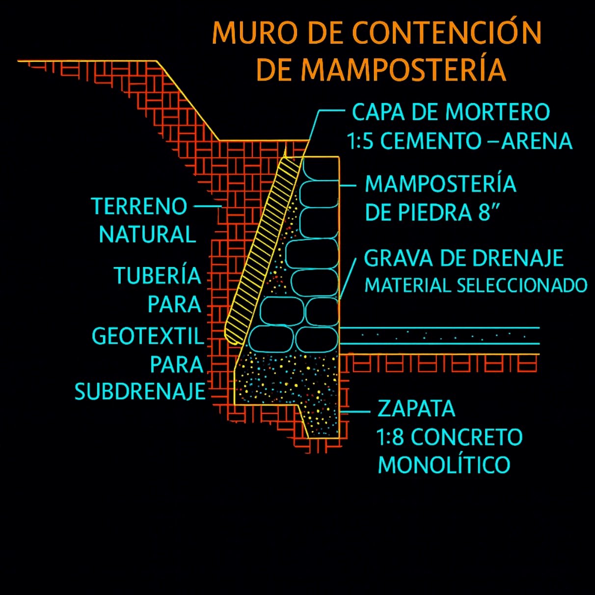 Detalle Constructivo Muro de Contención de Mampostería (AutoCAD)